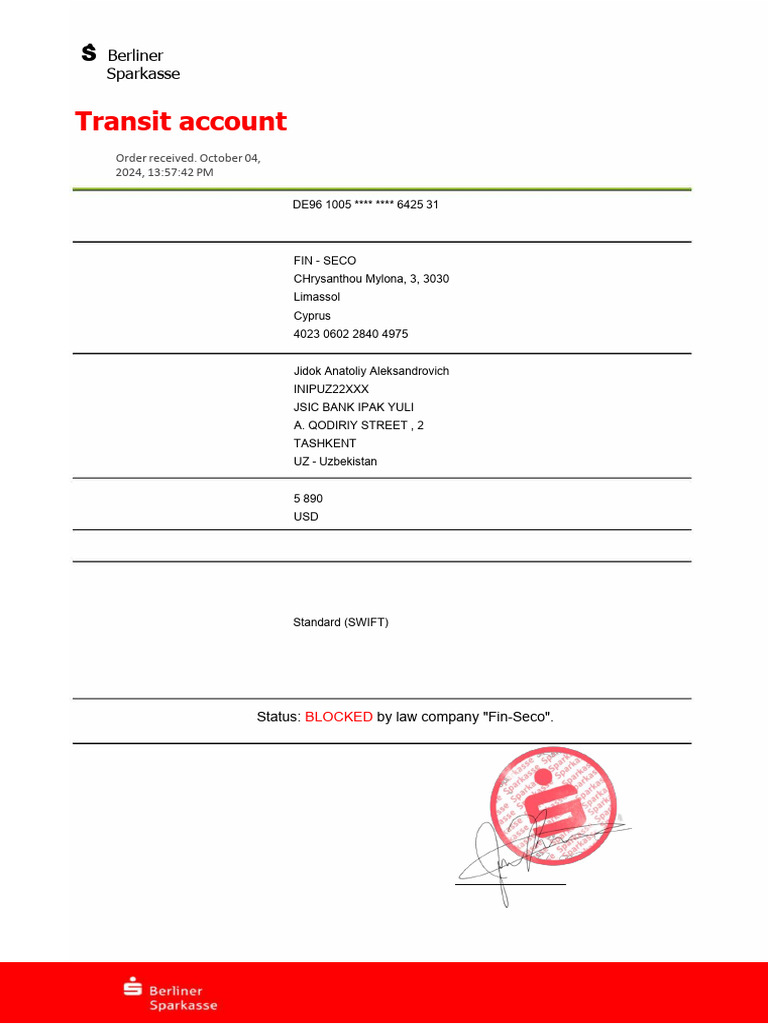 Transit Account Jidok Anatoliy Aleksandrovich | PDF | Social Science | Law