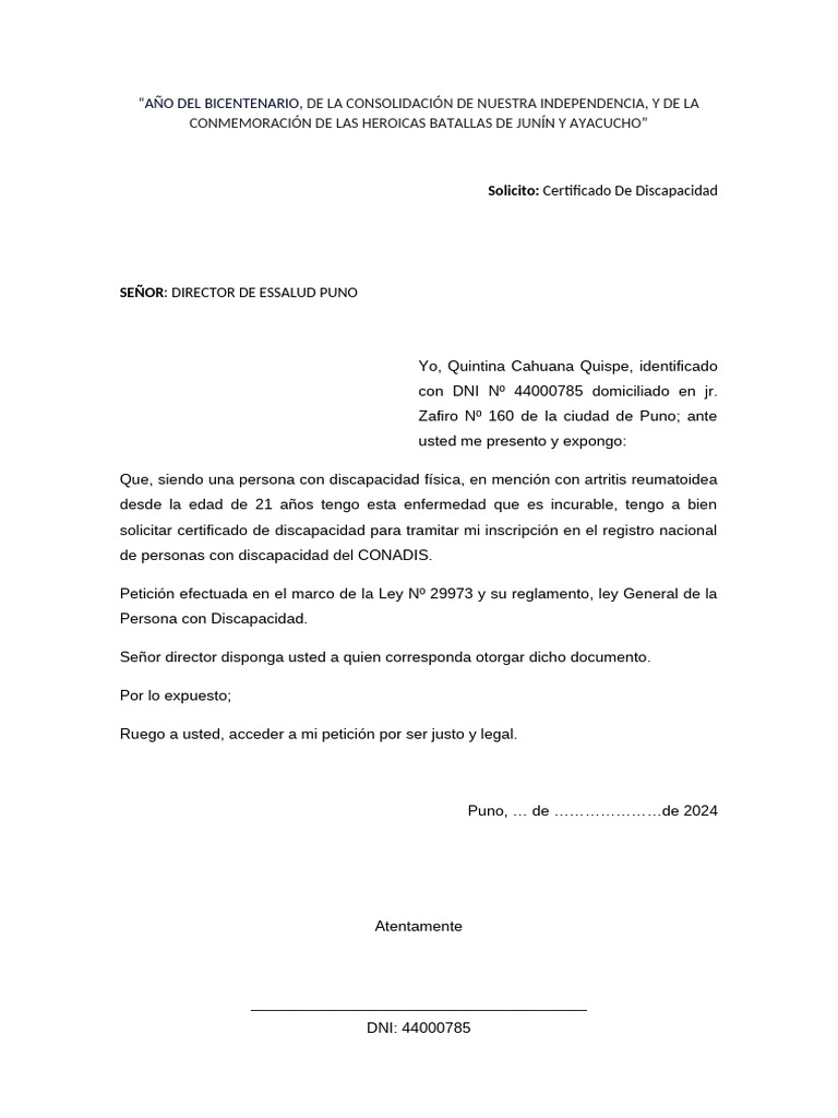 SOLICITUD de CERTIFICADO DE DISCAPACIDAD Modelo2023 | PDF