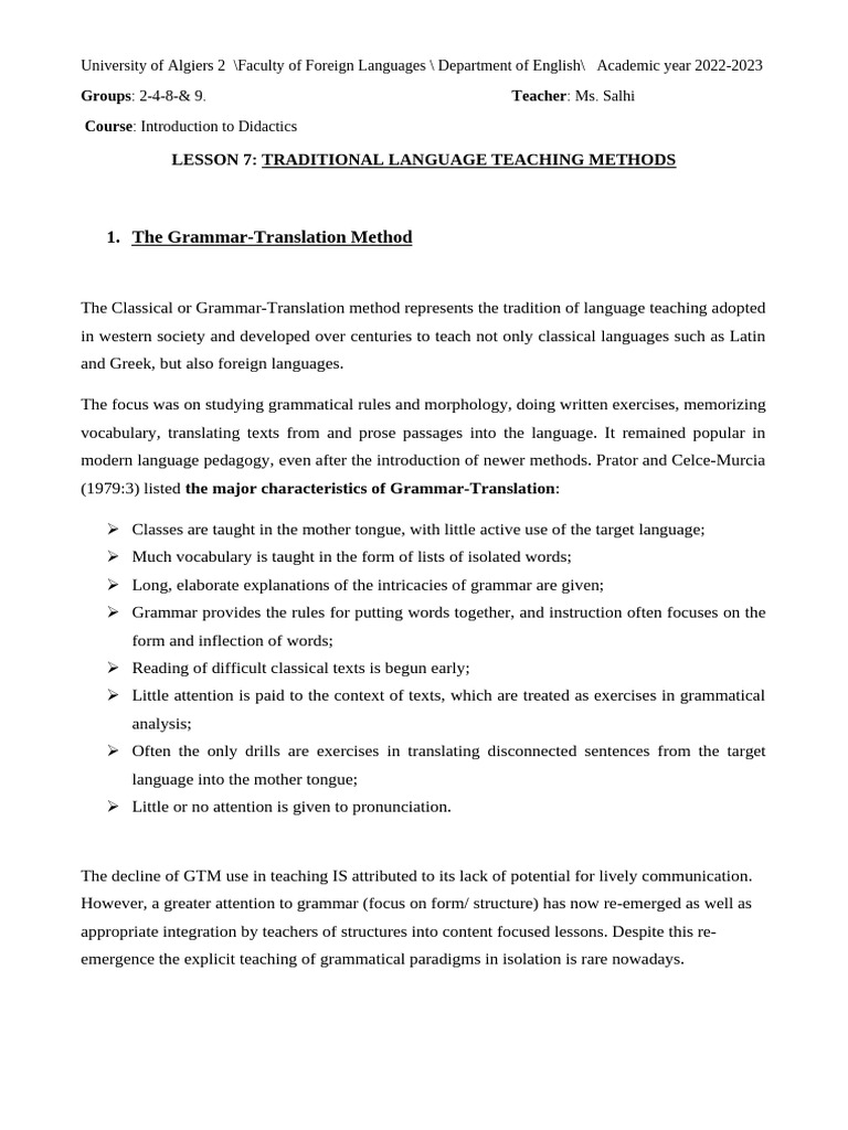 Lesson 7 Traditional Methods | PDF | Second Language | Grammar