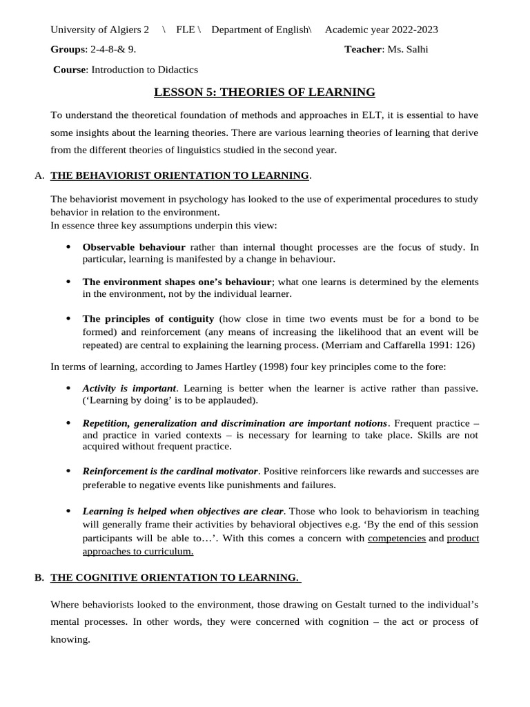 Learning Theories for ELT Students | PDF | Learning | Self Actualization