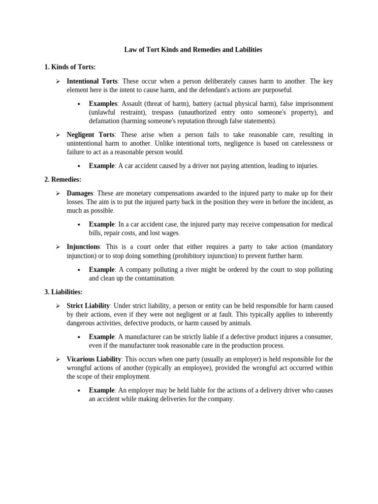 Torts and Liabilities Explained | PDF | Tort | Legal Liability