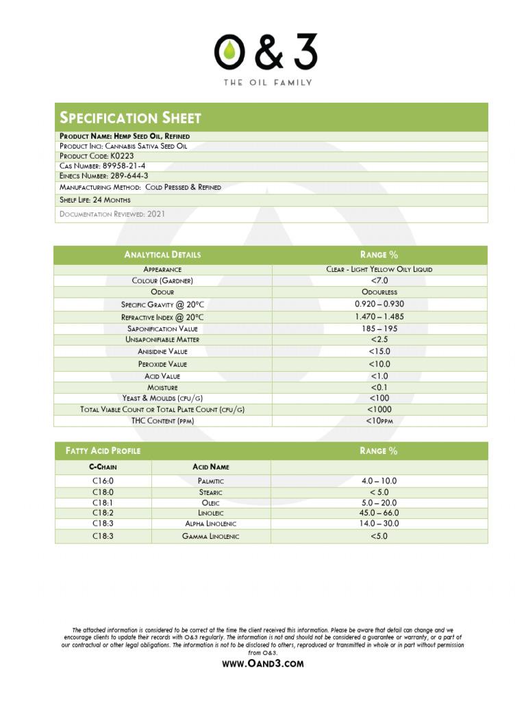 Specification Hemp Seed Oil Refined | PDF | Medicinal Plants | Ethnobotany