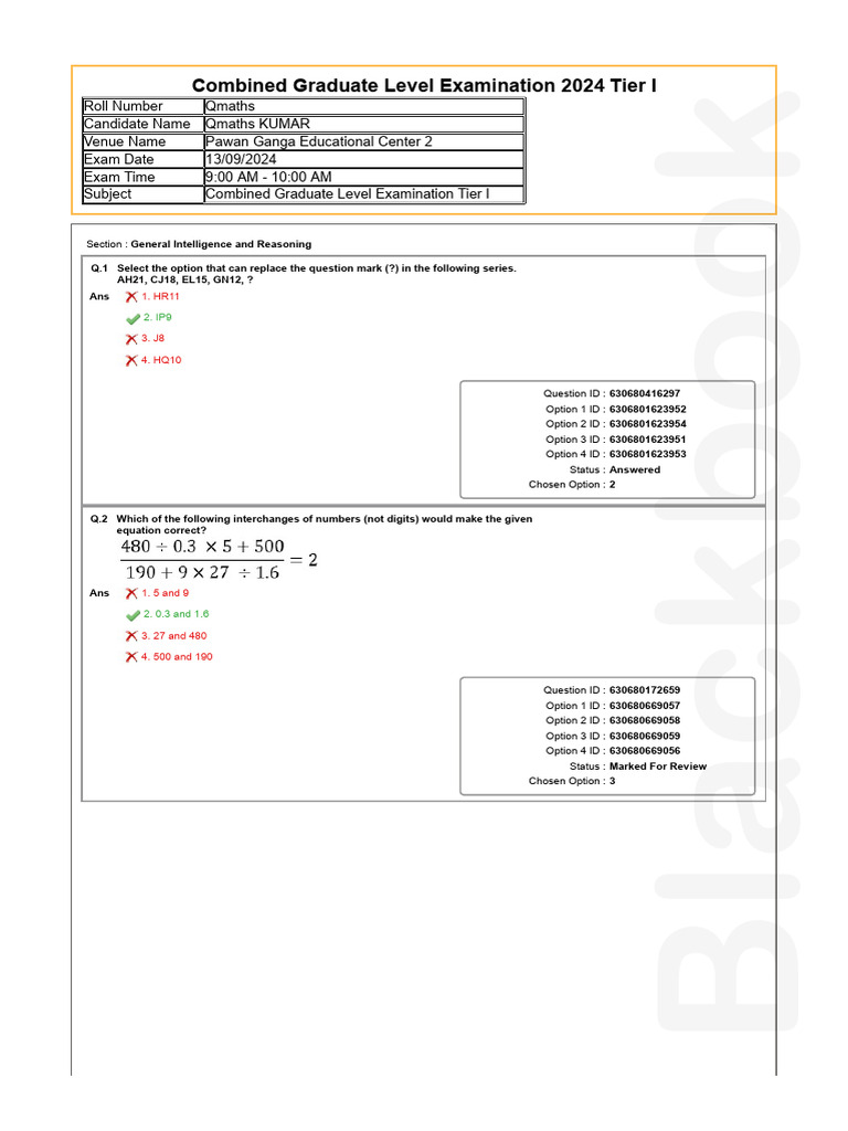SSC CGL 2024 Sample Key | PDF