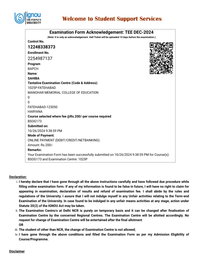 IGNOU - Examination Form Acknowledgement | PDF