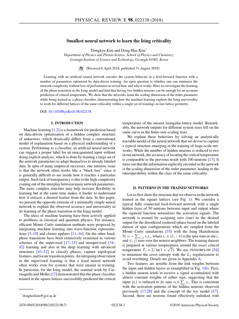 Smallest Neural Network To Learn The Ising Criticality. Phys. Rev. E 98 | PDF | Artificial ...