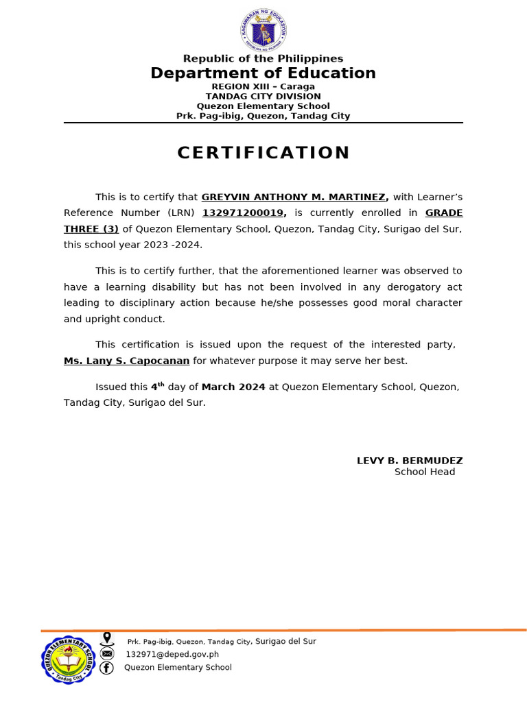 Certifications from Quezon Elementary | PDF