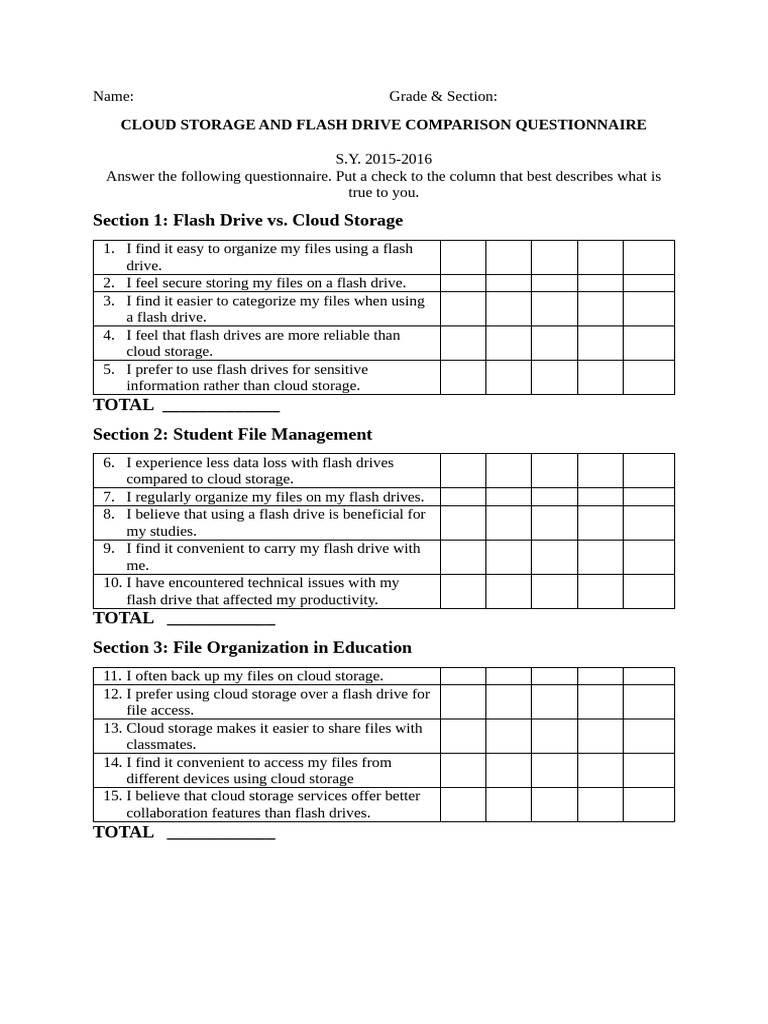 Cloud Storage and Flash Drive Comparison Questionnaire | PDF