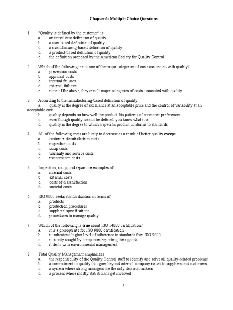 Chap6 MC Questions&Answers | Iso 9000 | Customer