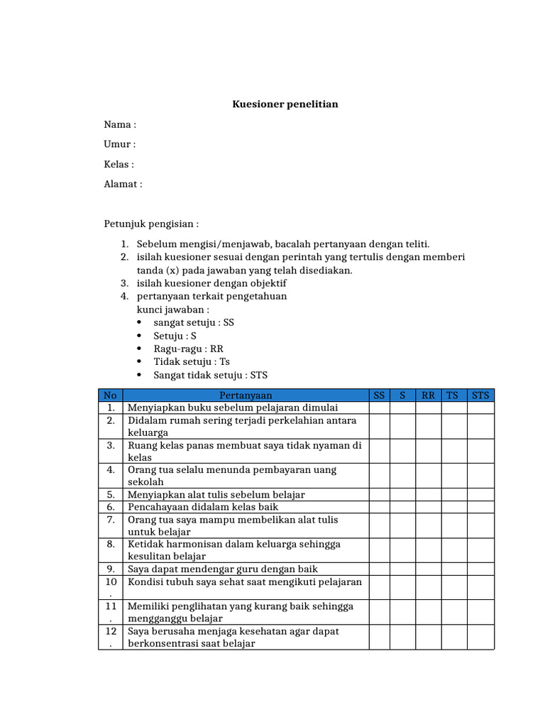 Contoh Kuesioner Penelitian Siswa | PDF | Seni & Disiplin Bahasa ...