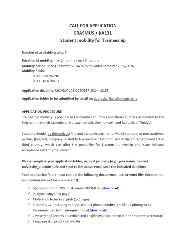 Erasmus Traineeship Mobility Call For Application October 2024 | PDF | Euro