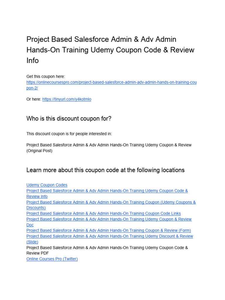 Project Based Salesforce Admin & Adv Admin Hands-On Training Udemy Coupon Code & Review PDF | PDF