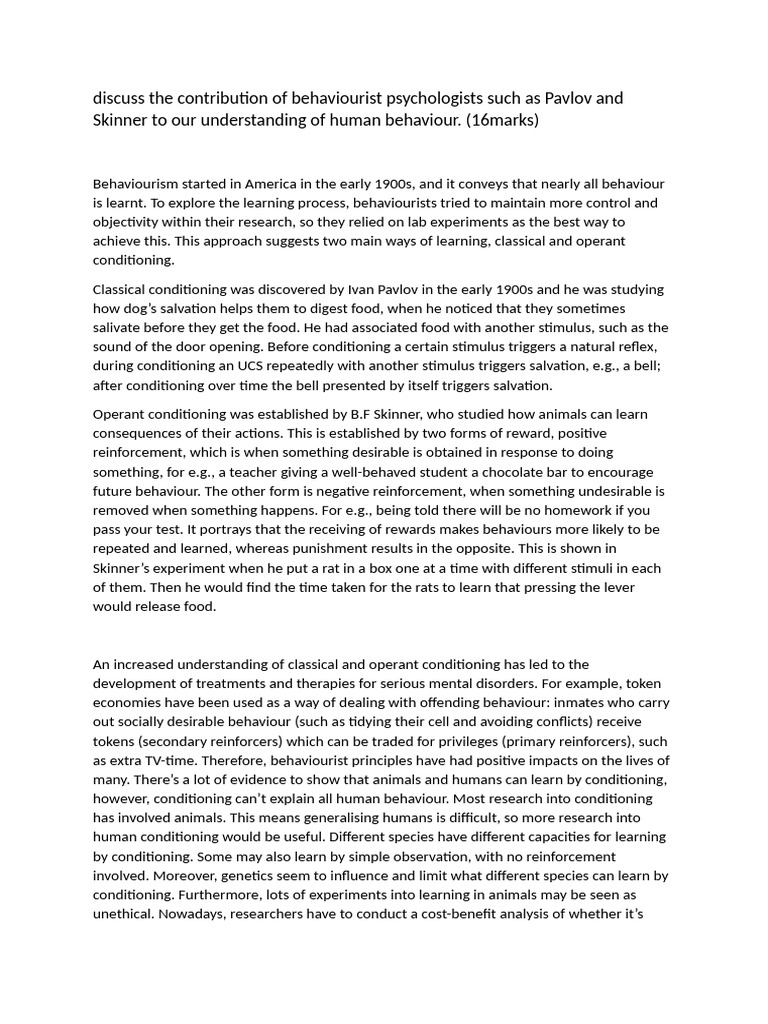 Behaviourist Approach 16 Marker Contributiuons | PDF | Behaviorism ...