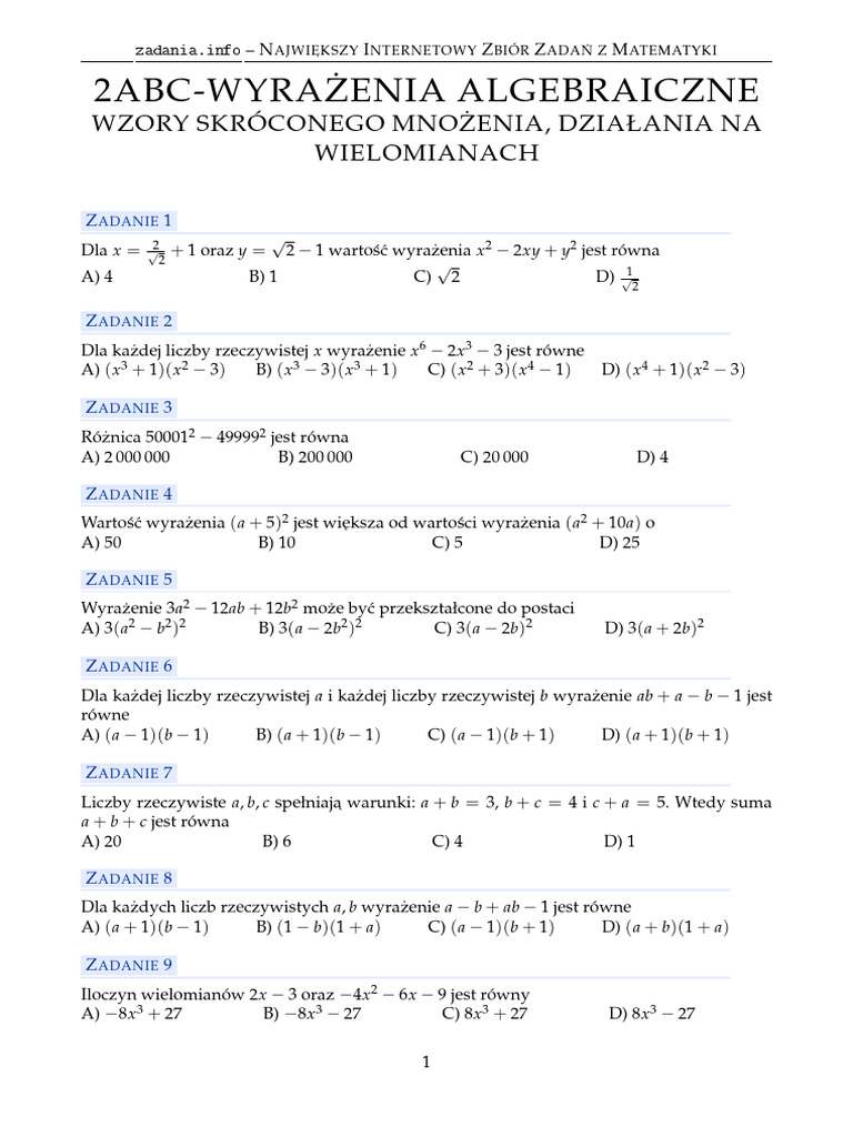 2abc1-Wyrażenia Algebraiczne-Wzory Skr. Mnożenia, Działania Na Wielomianach | PDF