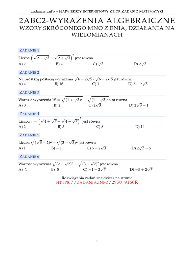 2abc2-Wyrażenia Algebraiczne-Wzory Skr. Mnożenia, Działania Na Wielomianach | PDF