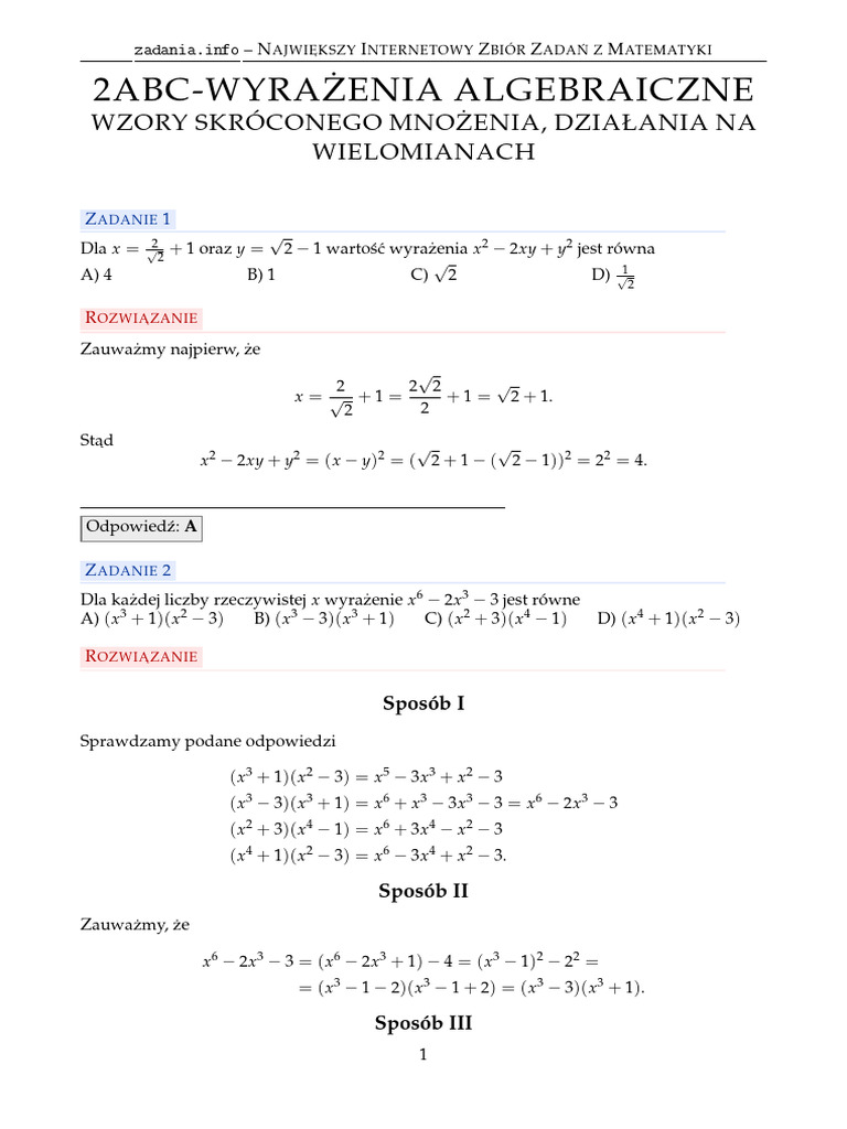 2abc1-Wyrażenia Algebraiczne-Wzory Skr. Mnożenia, Działania Na Wielomianach - Rozw | PDF