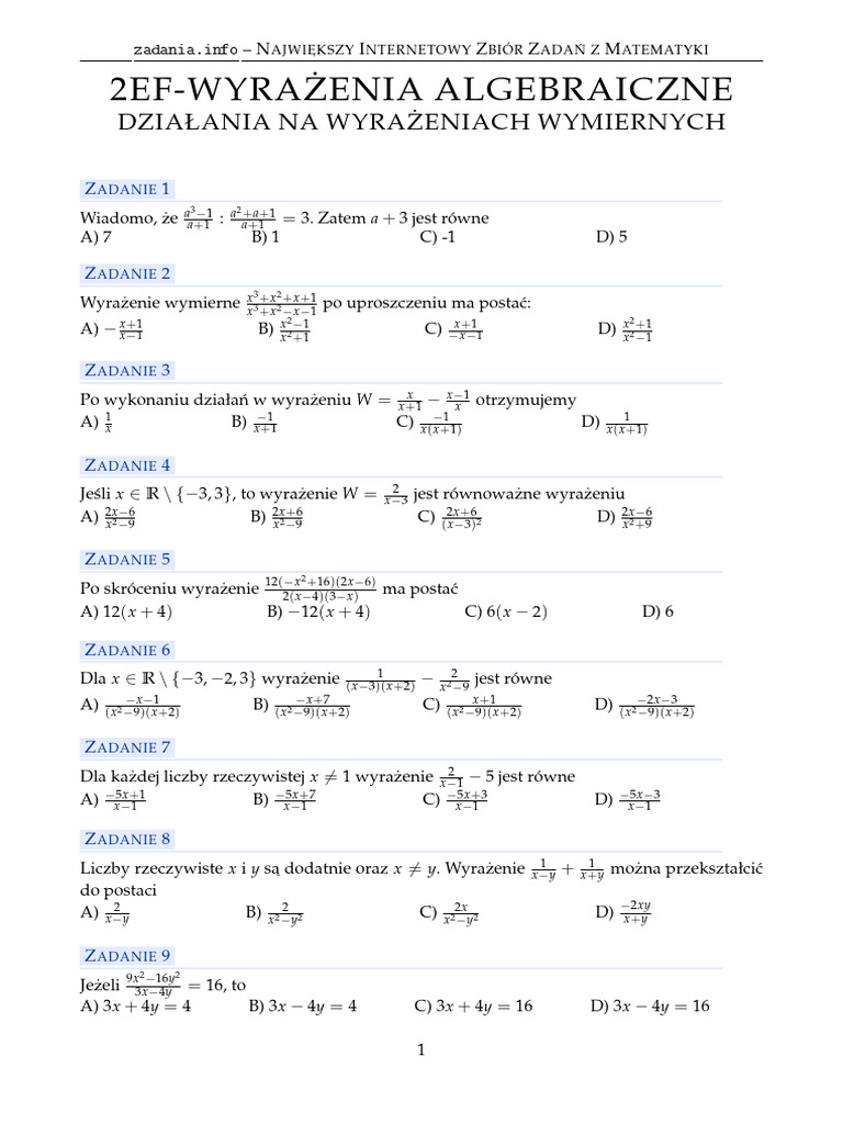 2ef-Wyr. Algebraiczne-Działania Na Wyr. Wymiernych | PDF