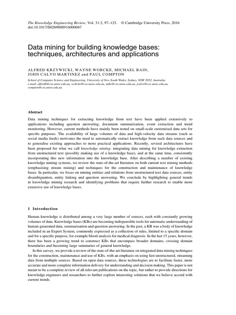 Data Mining For Building Knowledge Bases: Techniques, Architectures and ... Data Mining For Building Knowledge Bases: Techniques, Architectures and ...