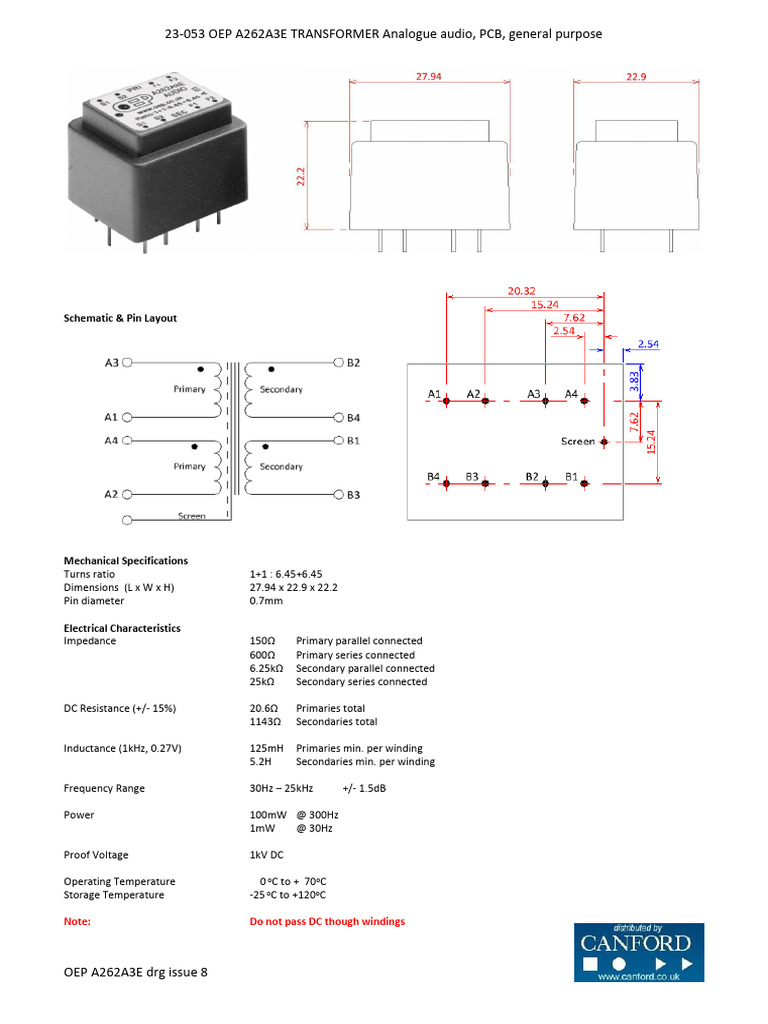 23-053 OEP A262A3E TRANSFORMER Analogue Audio PCB General Purpose | PDF