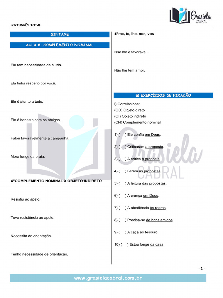 PT Aula 8 Complemento Nominal Aluno Ok | PDF