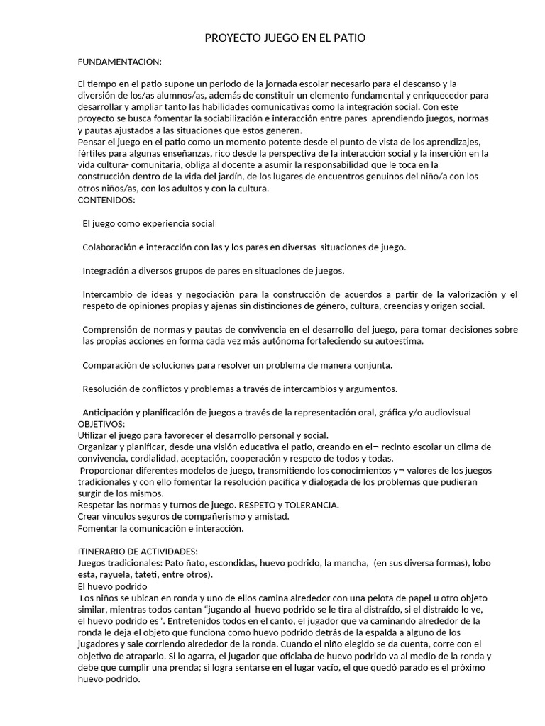 PROYECTO JUEGO EN EL PATIO | PDF | Socialización