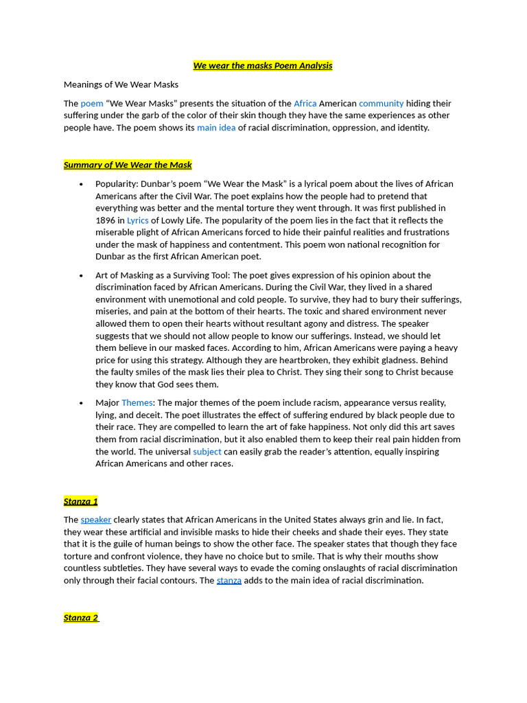 Analysis of "We Wear the Mask" | PDF | Poetry | Poetic Devices