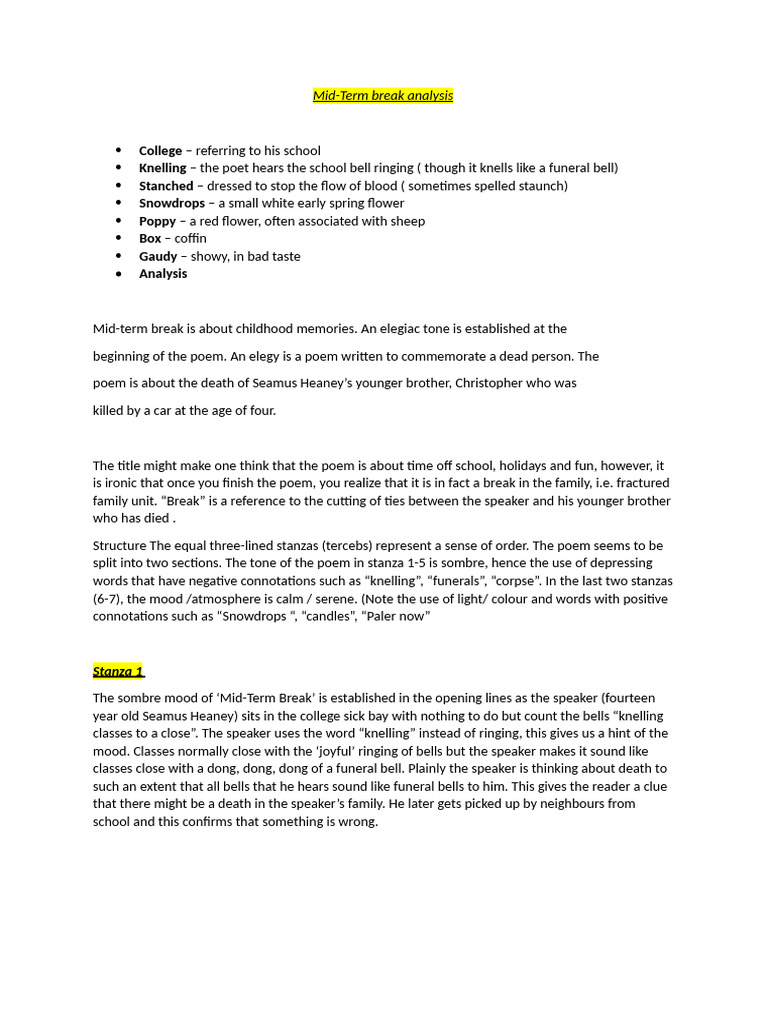 Mid-Term Break Analysis | PDF | Poetry