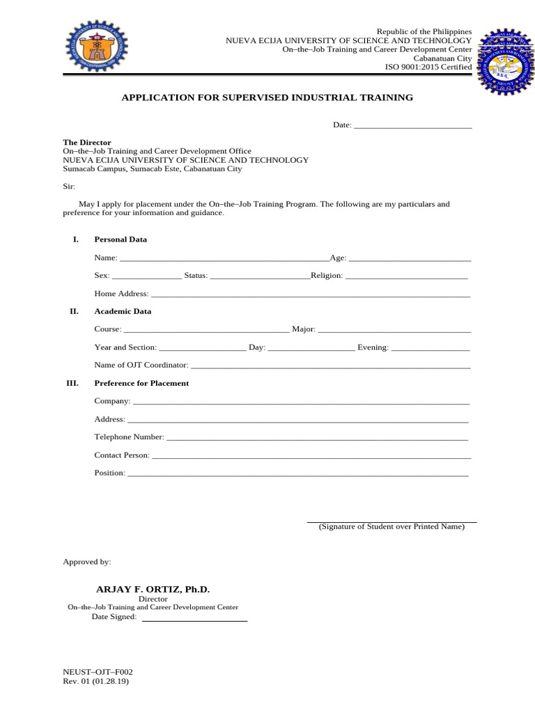 NEUST OJT Application Form | PDF
