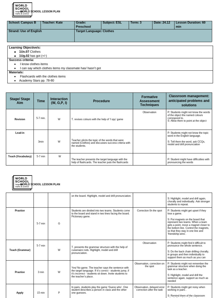 ESL Lesson Plan Example | PDF | English As A Second Or Foreign Language ...