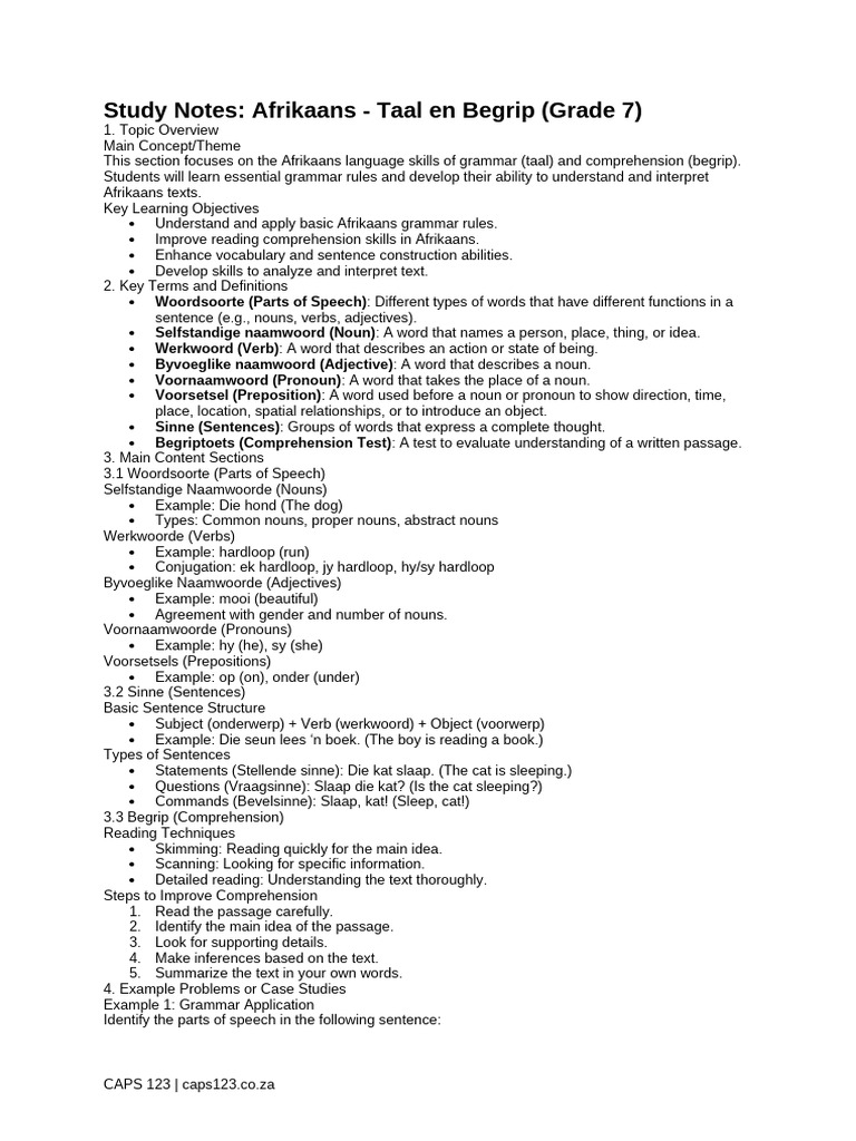 Study Notes Afrikaans Taal en Begrip Grade 7 | PDF | Noun | Part Of Speech