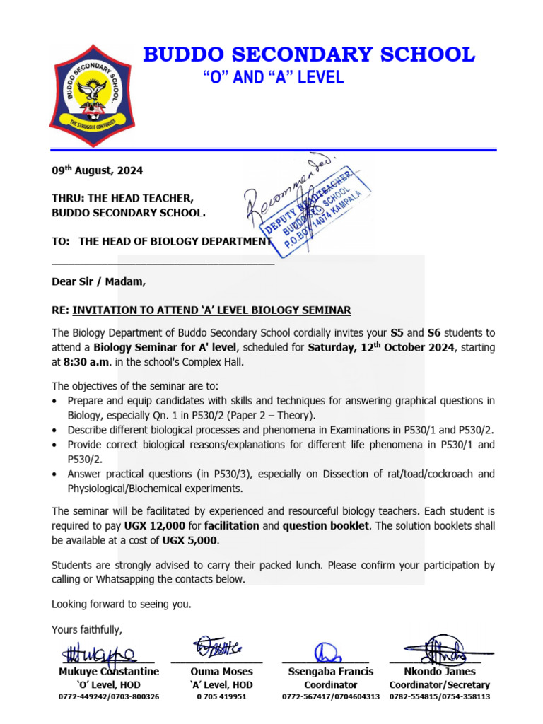 BUDDO SS - A' LEVEL - BIO Seminar Invitation 2024 | PDF