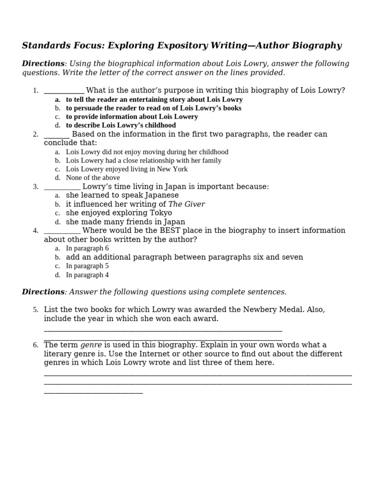 Biography Questions Lois Lowry | PDF | Foreign Language Studies