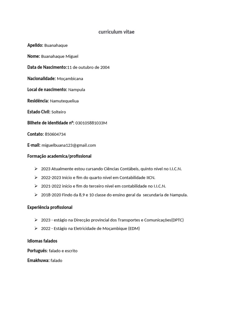 Curriculum Vitae de Buanahaque Miguel | PDF
