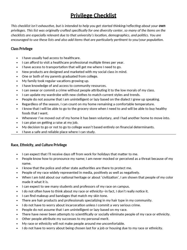 Privilege Checklist | PDF | Gender | Gender Studies