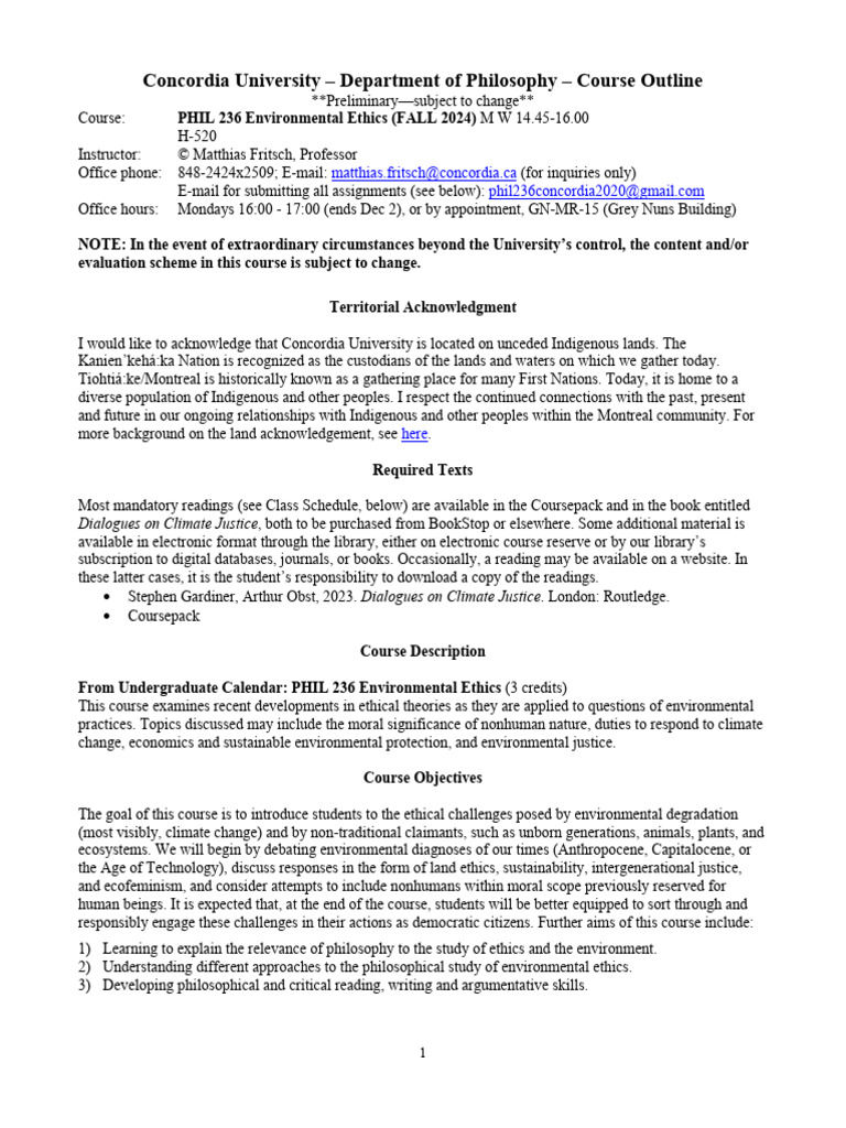 Course Description FALL 2024 PHIL 236 Env Ethics (SEPT 2024) SD | PDF ...