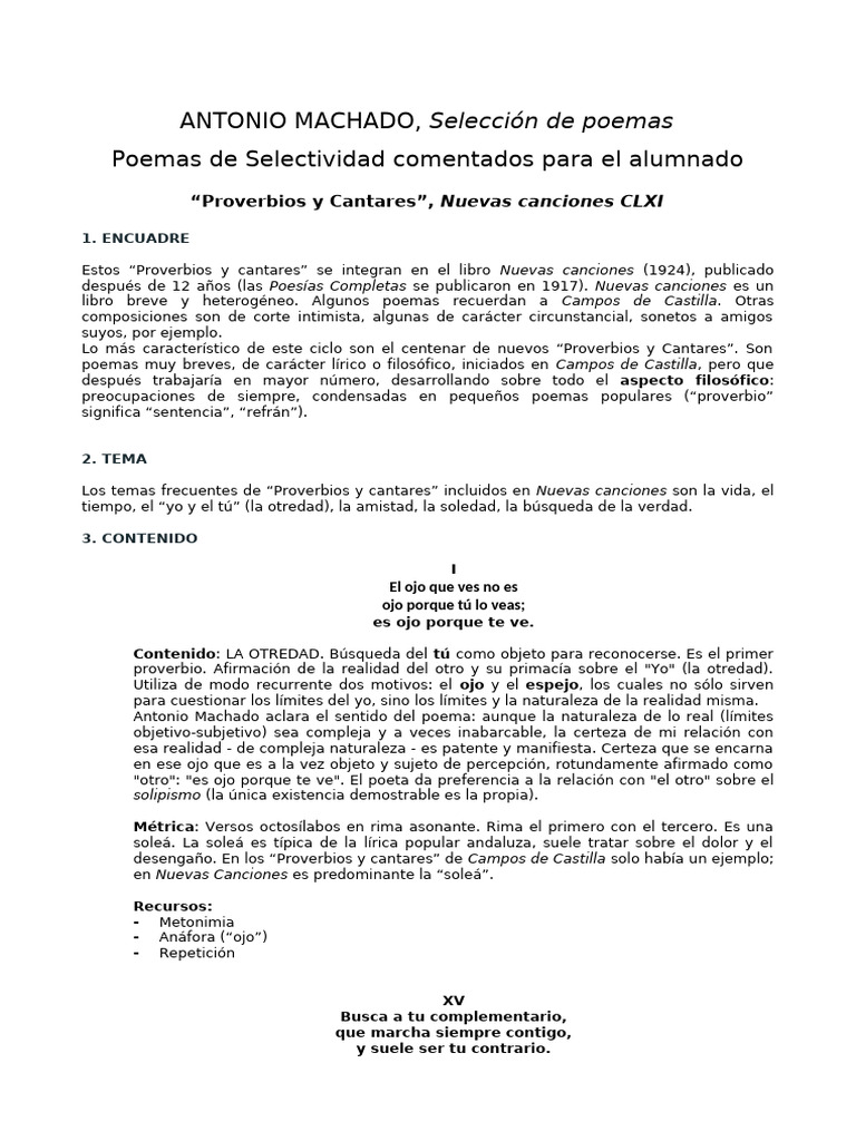 ANTONIO MACHADO, Poema IX, Proverbios y cantares | PDF | Metro (poesía ...