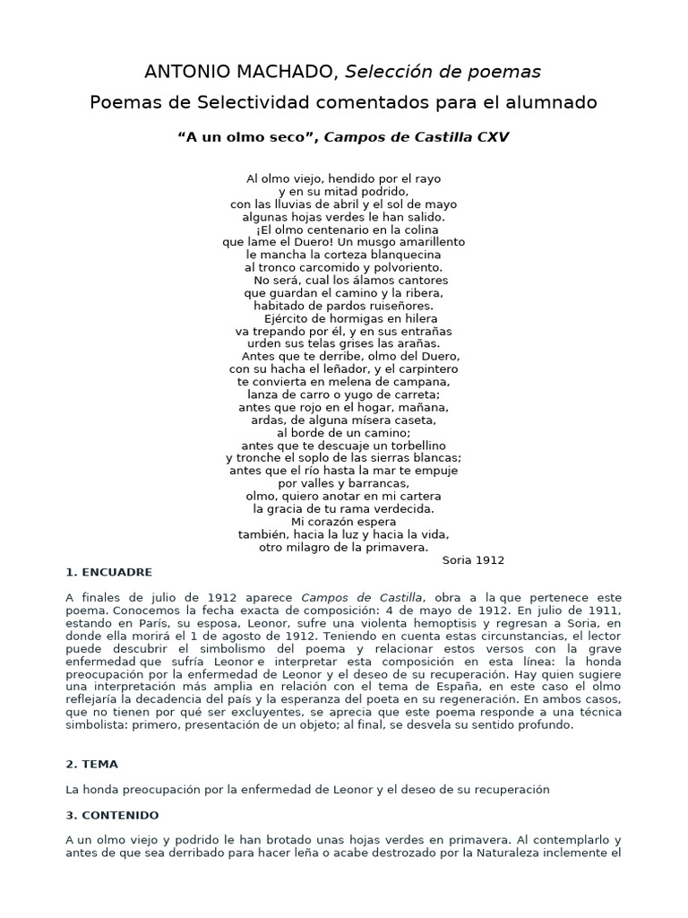 ANTONIO MACHADO, Poema IV, A Un Olmo Seco | PDF | Metro (poesía) | Poesía