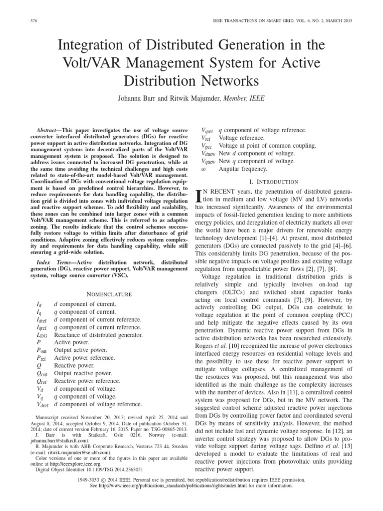 Integration of Distributed Generation in The Volt VAR Management System For Active Distribution ...