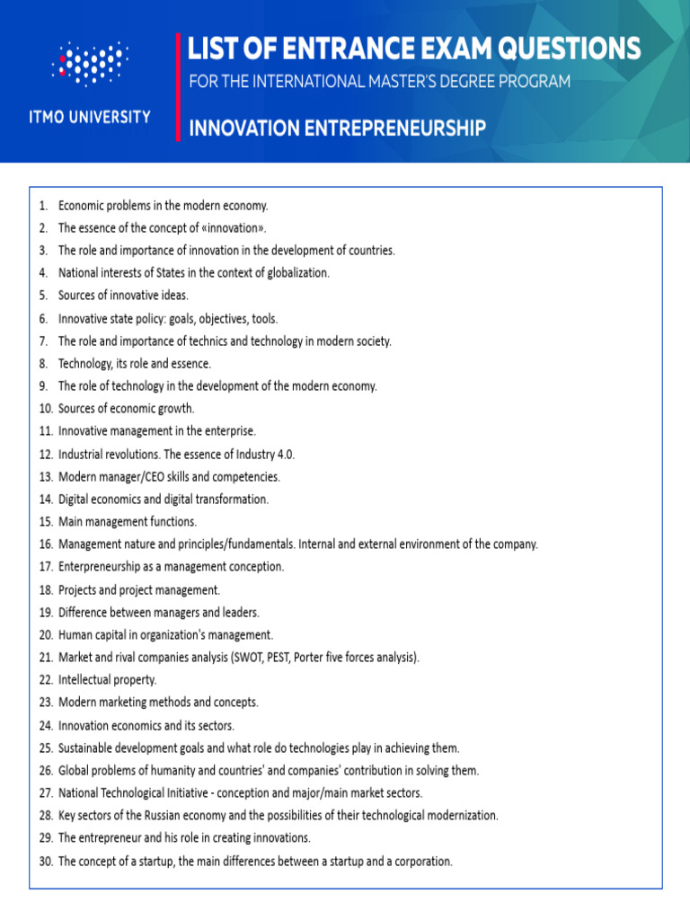 EXAM QUESTIONS Innovation Entrepreneurship | PDF | Innovation ...