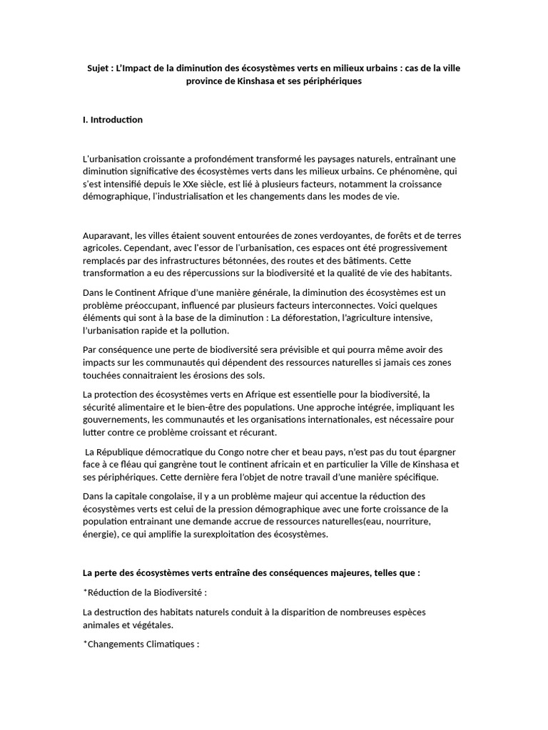 Diminution des écosystèmes verts à Kinshasa | PDF | Biodiversité ...