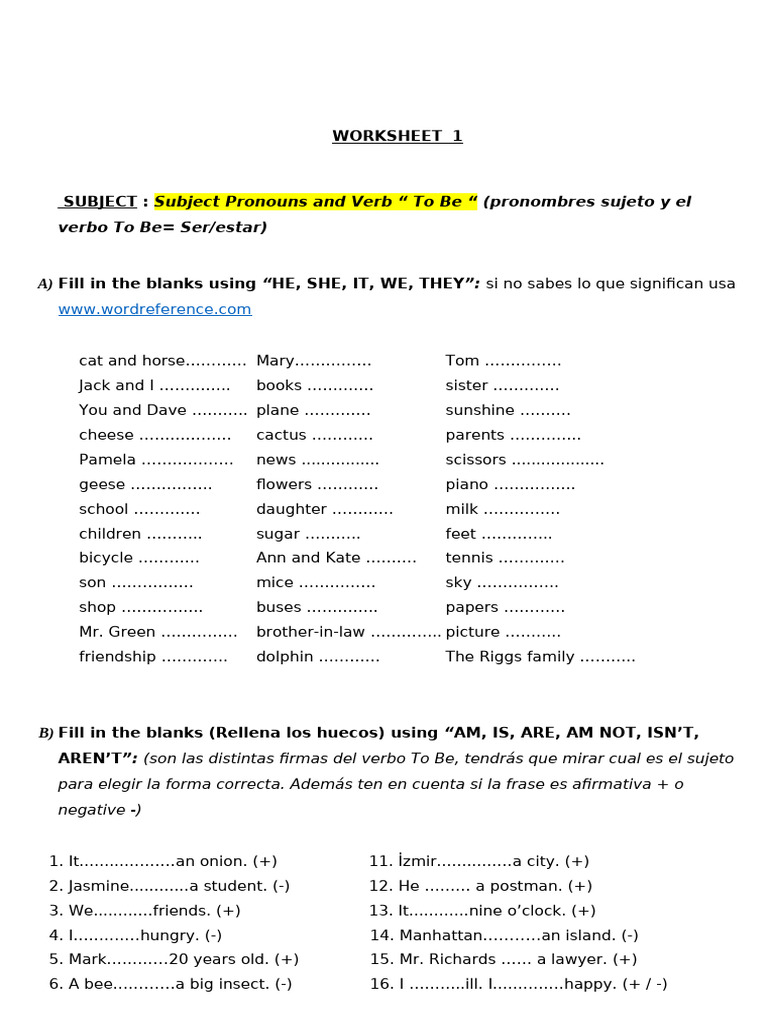 Subject Pronouns and Verb "To Be" Worksheet | PDF | Games & Activities