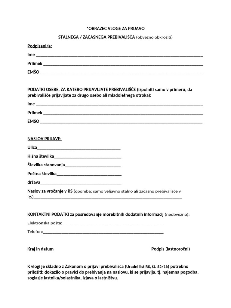 OBRAZEC Vloge Za Prijavo Prebivališča | PDF
