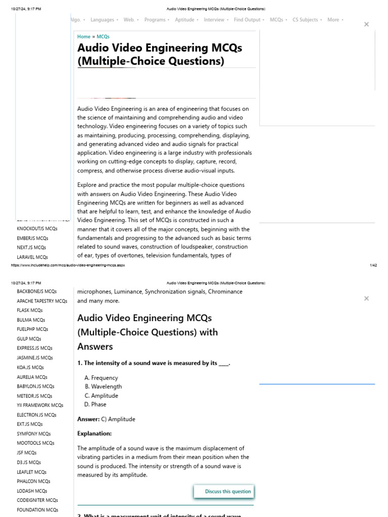 Audio Video Engineering MCQs Guide | PDF | Microphone | Loudspeaker