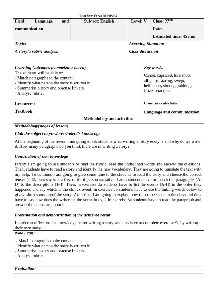 Story Writing and Analysis Lesson Plan | PDF | Rubric (Academic) | Learning