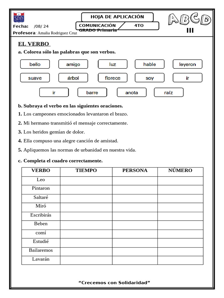 Hoja de Aplicación - Sesión 2.1 y 2.2 - El Verbo | PDF | Estudios de idiomas extranjeros