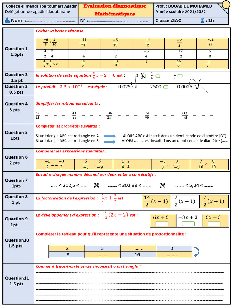Évaluation Diagnostique Maths 3AC | PDF | Mathématiques | Mathématiques ...