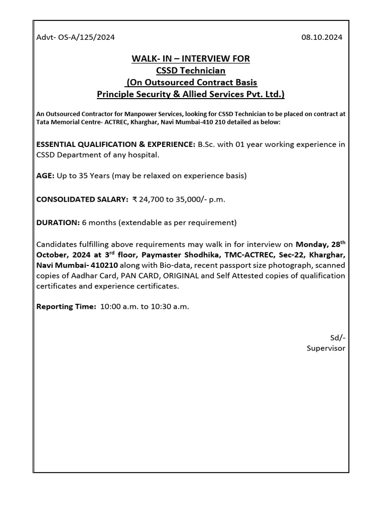 Walk in CSSD Technician 281024 | PDF