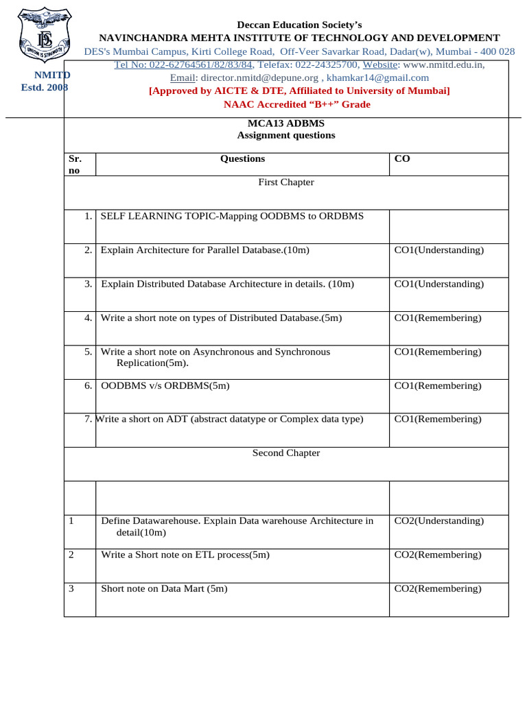 Assignment Questions For ADBMS New Syllabus | PDF | Information Technology | Data Management