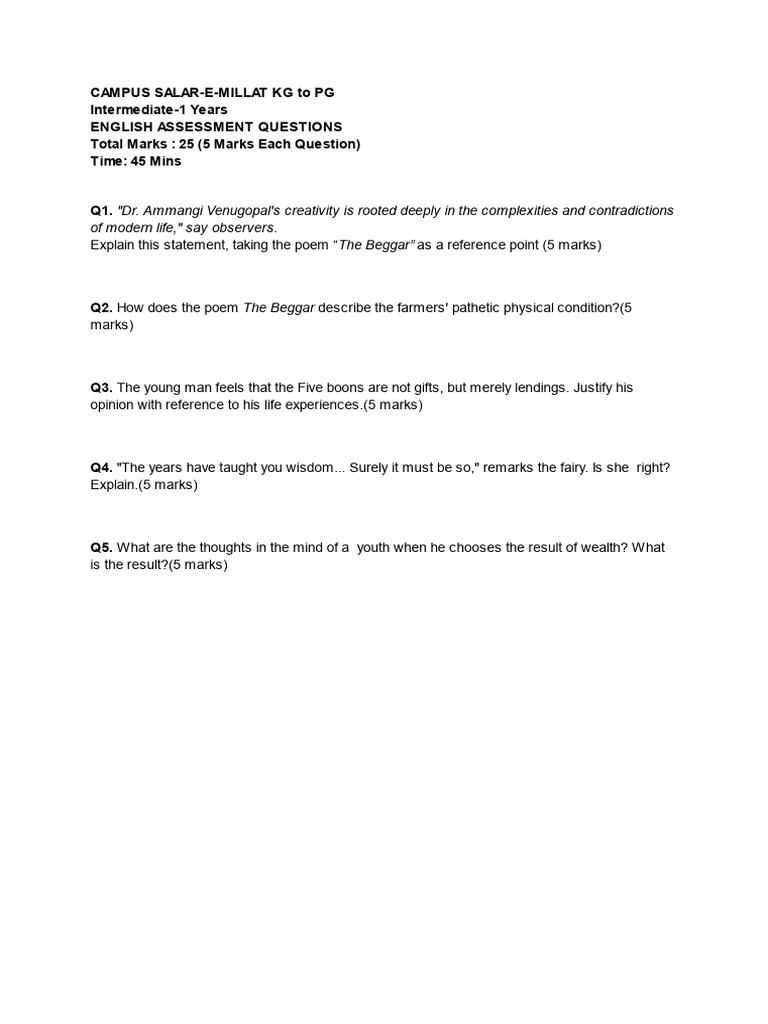 English Assessment Question Paper Final | PDF | Self-Improvement
