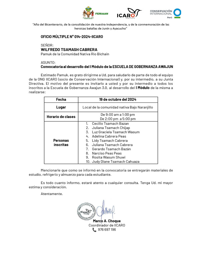 Oficio Múltiple #014-2024-Iicaro - Bichain | PDF