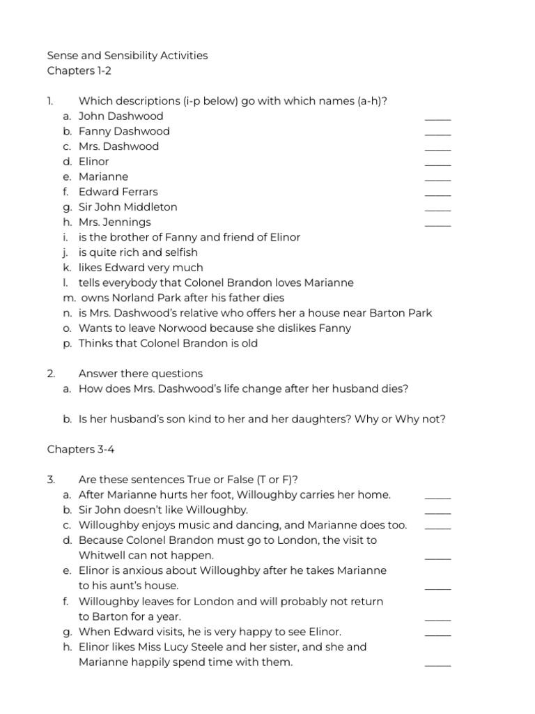 Sense and Sensibility Activities Short Version | PDF | Elinor Dashwood ...